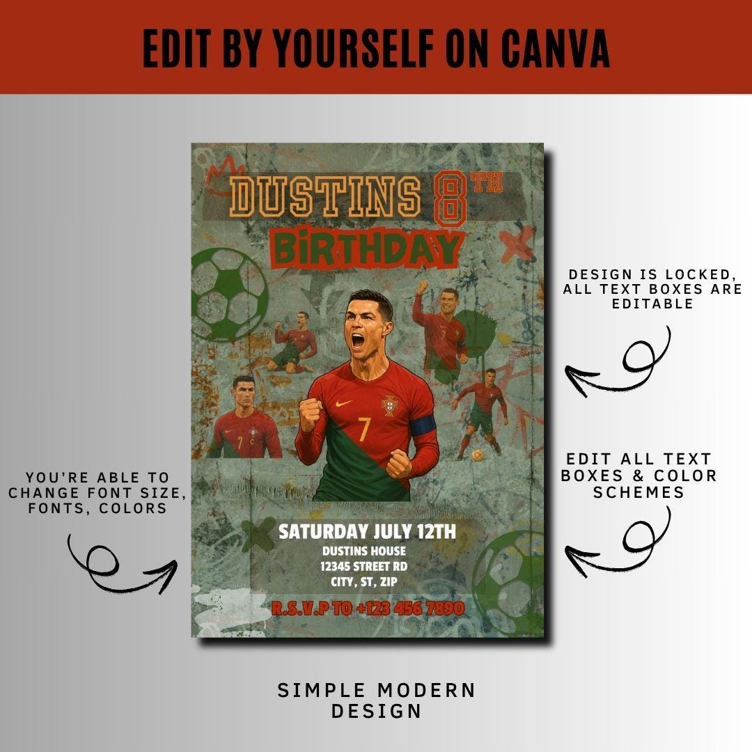 Ronaldo Soccer Birthday Invitation: Editable Text, Printable (digital ...