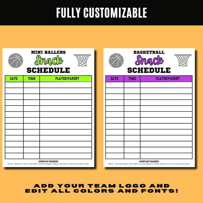 Basketball Snack Schedule Template | Editable Canva Team Snack Planner ...