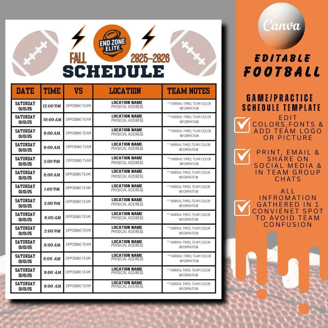 Football Game Schedule Template | Editable Canva Practice Planner | 1 ...
