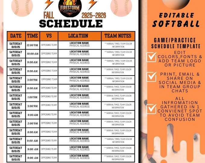 Printable Softball Planner, Fillable PDF, Sports Organizer (digital ...
