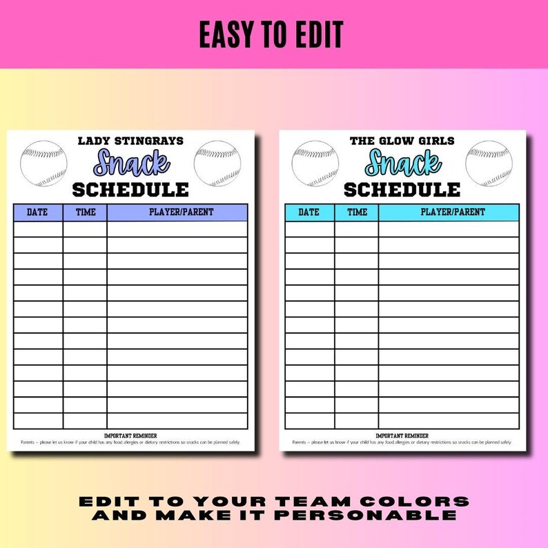Softball Snack Schedule Template | Editable Canva Team Snack Planner ...