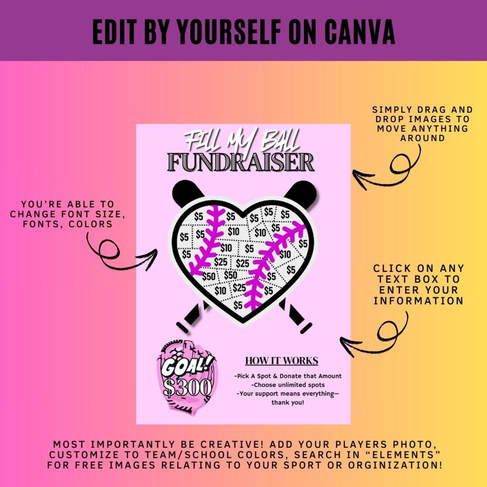 Softball Fundraiser Flyer Template: Fill My Ball, Editable Canva ...