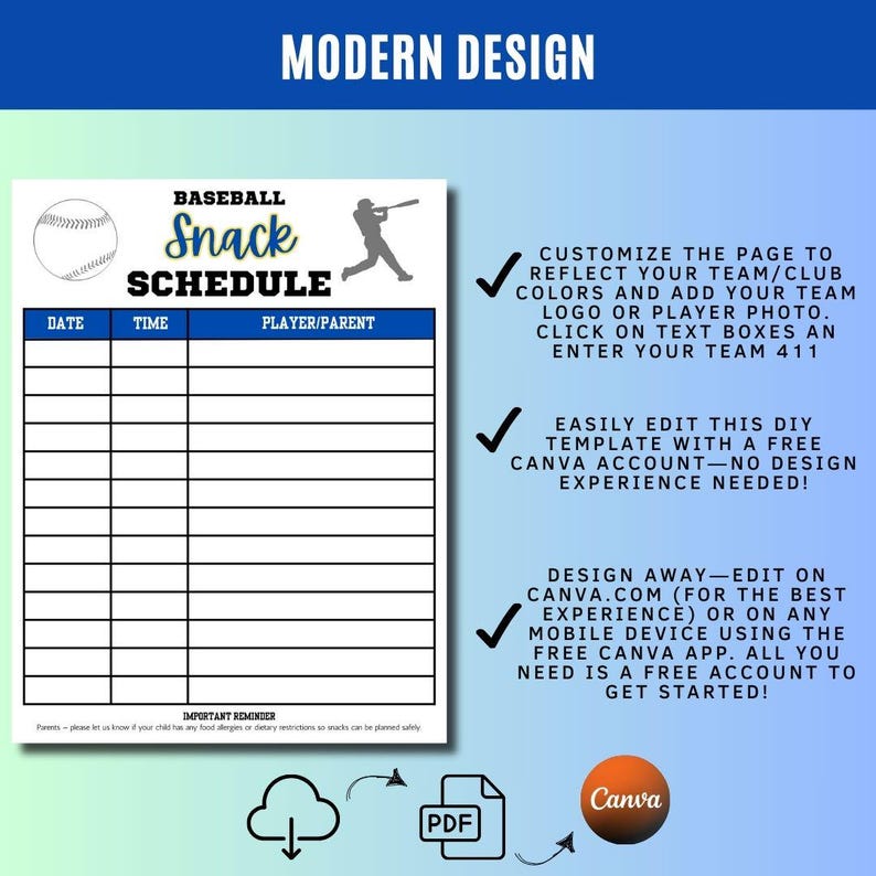 Baseball Snack Schedule Template | Editable Canva Team Snack Planner ...