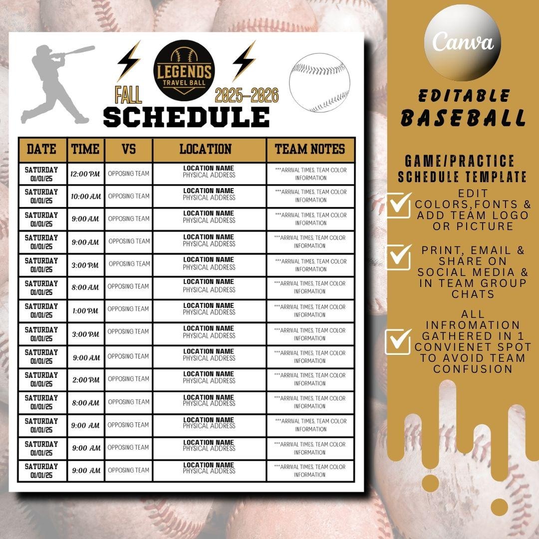 Baseball Game Schedule Template | Editable Canva Practice Planner | 1 ...