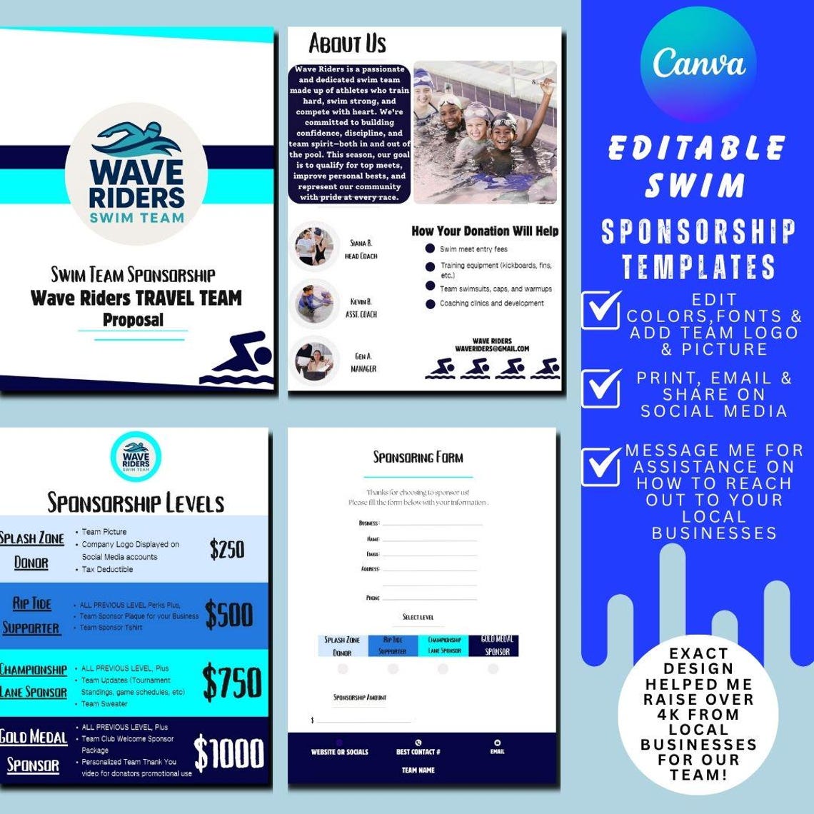 Swim Team Sponsorship Packet Template: Editable Canva Design (digital ...
