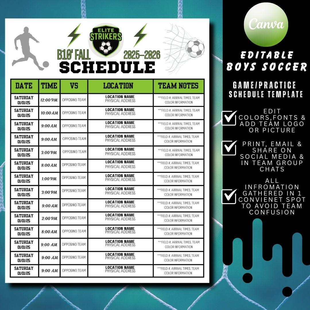 Editable Boys Soccer Schedule Template: Canva Team Planner (digital ...