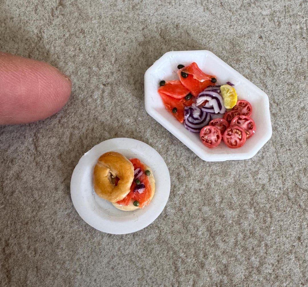 Miniature Dollhouse Bagel With Lox on a Plastic Plate in 1:12 Scale One ...