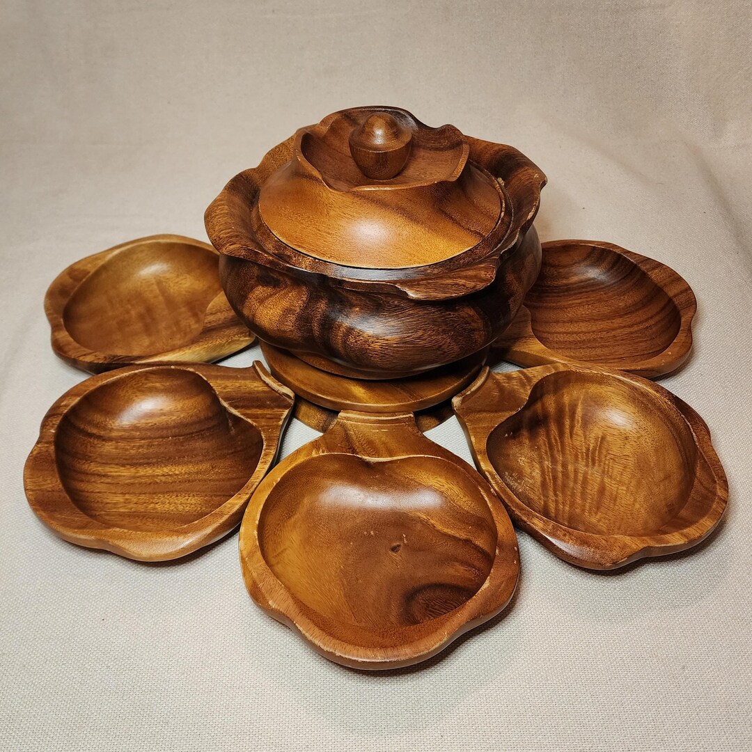 Vintage 1967 Wooden Monkey Pod Serving Bowl / Tea Caddy With Lazy Susan ...