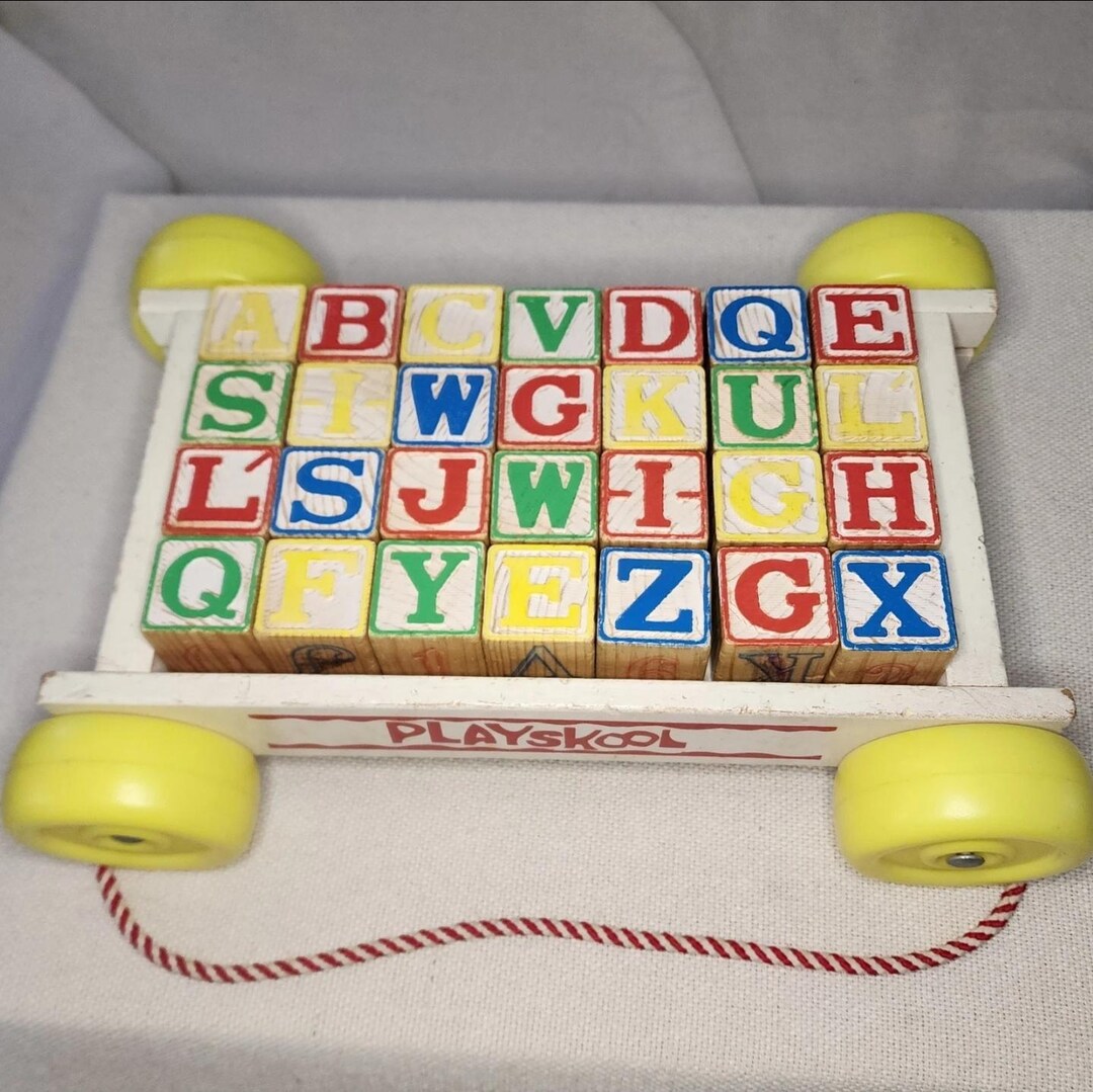 Vintage Playskool Wood ABC & Number Blocks in Wagon With Pull String ...