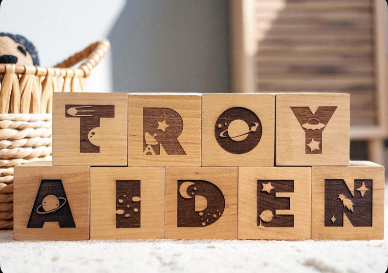 Custom Space Wooden Baby Blocks, Alphabet and Numbers, Baby Shower ...