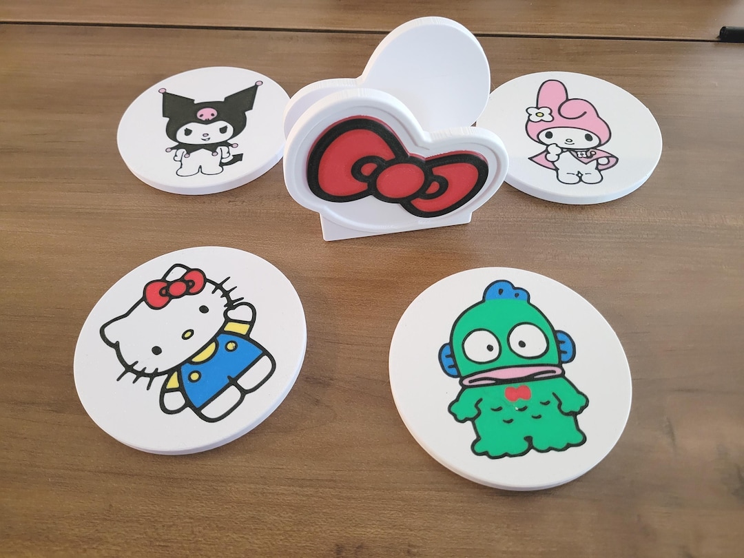 Hello Kitty, My Melody, Kuromi and Hangyodon 4" Coaster Set With Hello ...