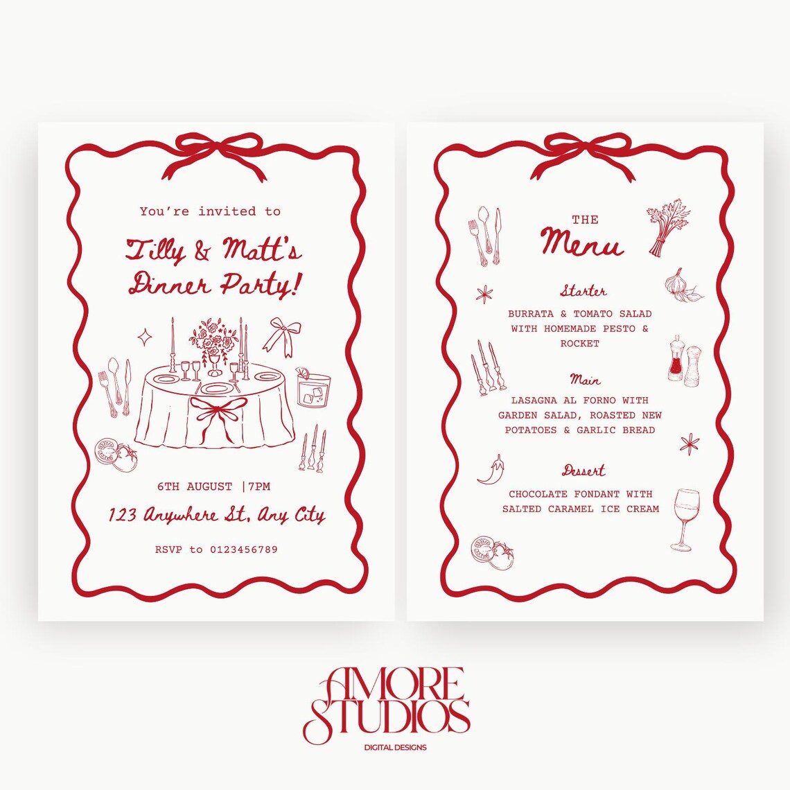 Red and White Dinner Party Invitation & Menu: Minimalist Canva Template ...