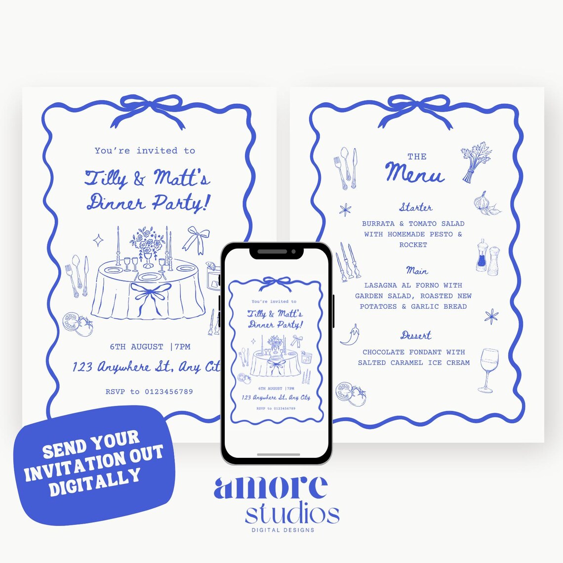 Digital Dinner Party Invitation and Menu, Blue & White, Minimalistic ...