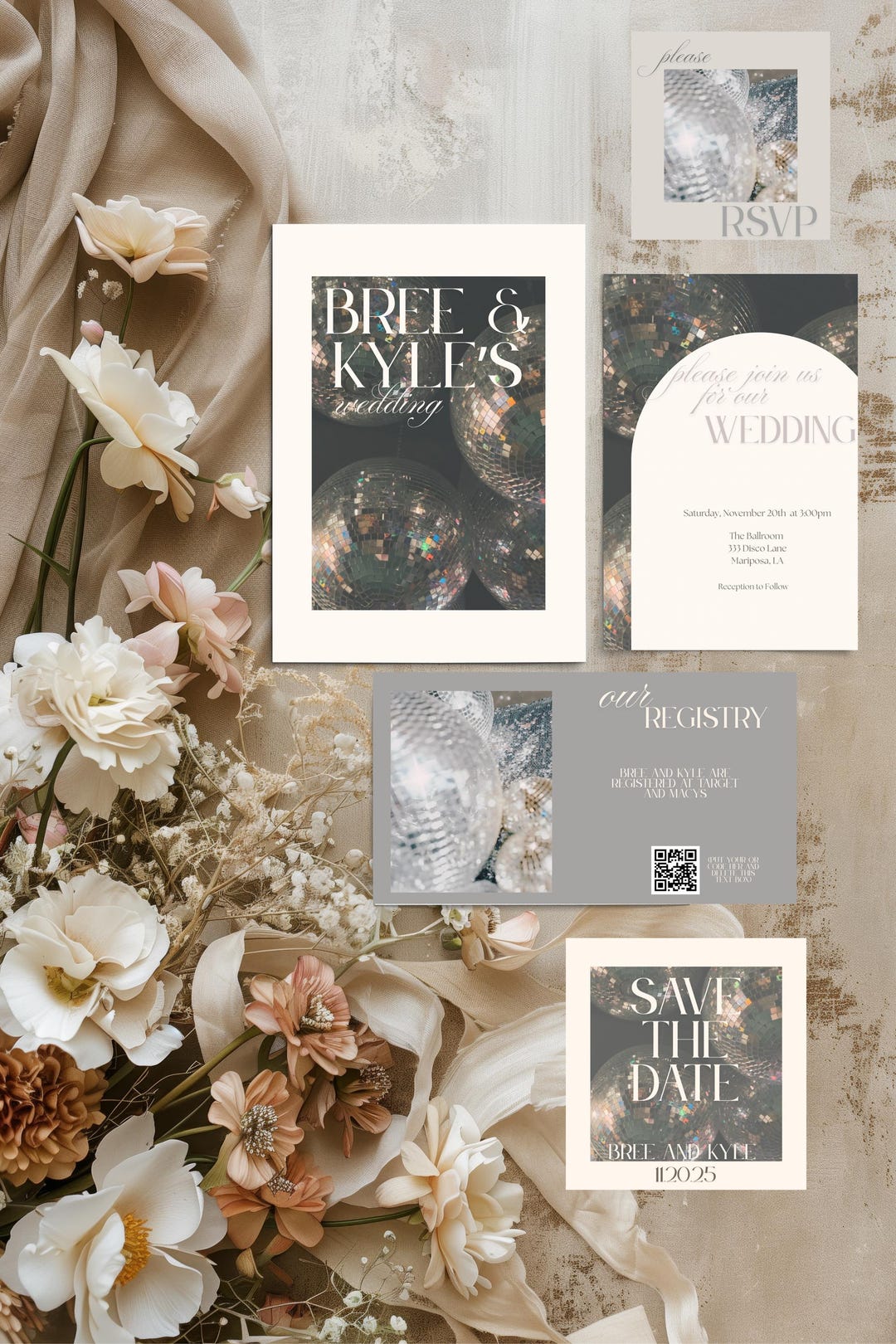 Disco Ball Wedding Invitation Suite: Customizable Canva Template ...