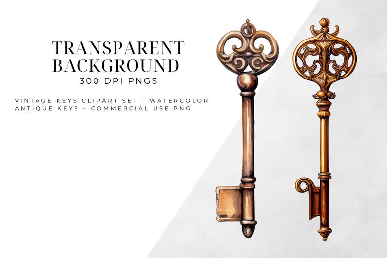Watercolor Vintage Keys Clipart, Antique Key PNG, Junk Journal Ephemera ...
