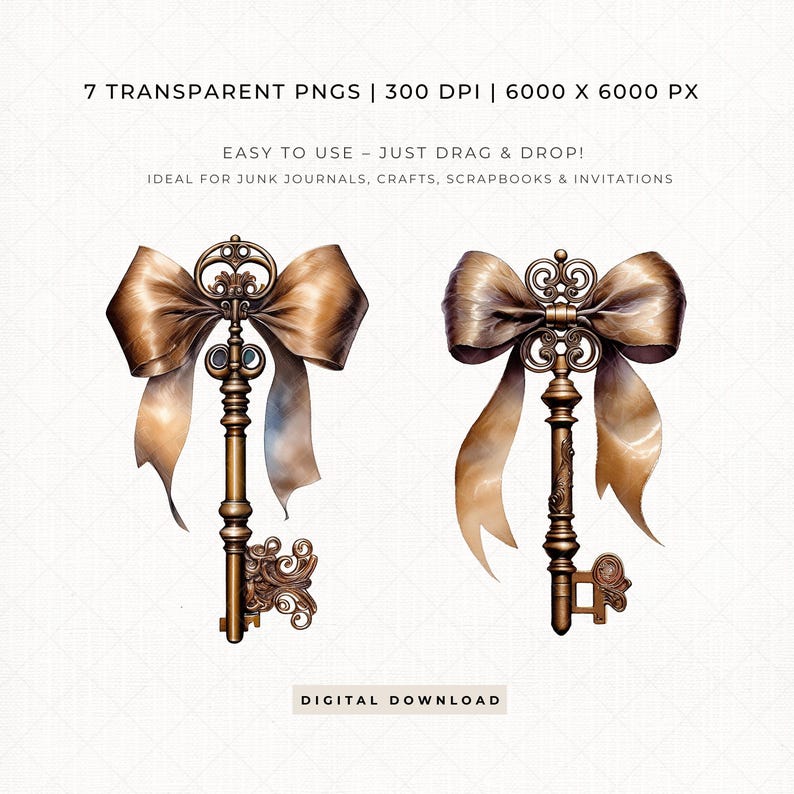 Watercolor Vintage Keys Clipart, Ornate Antique Key PNG With Bow, Junk ...