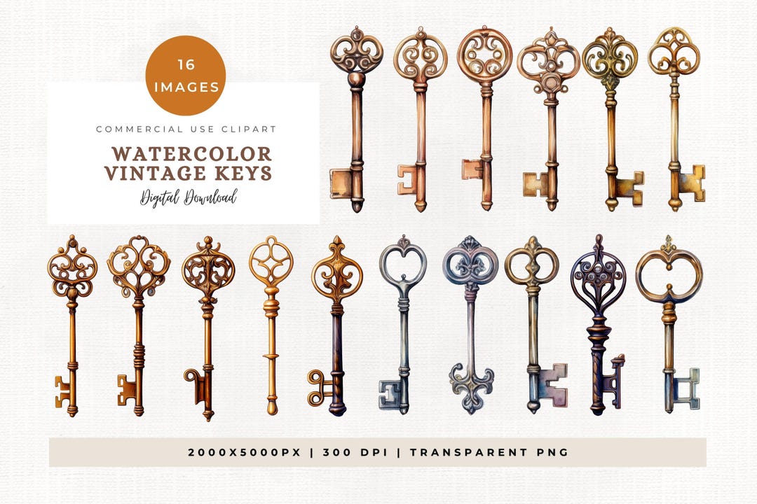 Watercolor Vintage Keys Clipart, Antique Key PNG, Junk Journal Ephemera ...
