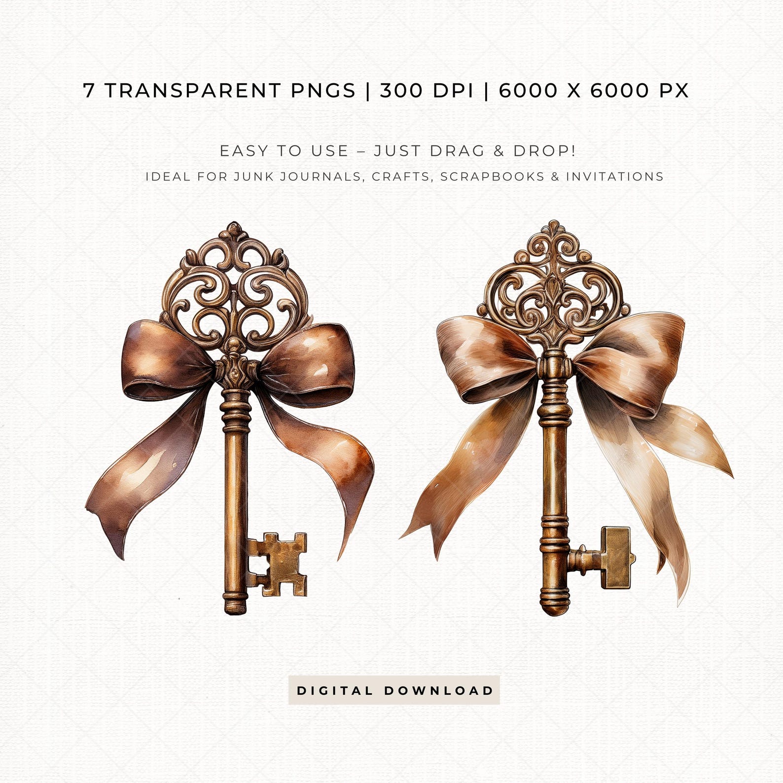 Watercolor Vintage Keys Clipart, Ornate Antique Key PNG With Bow, Junk ...