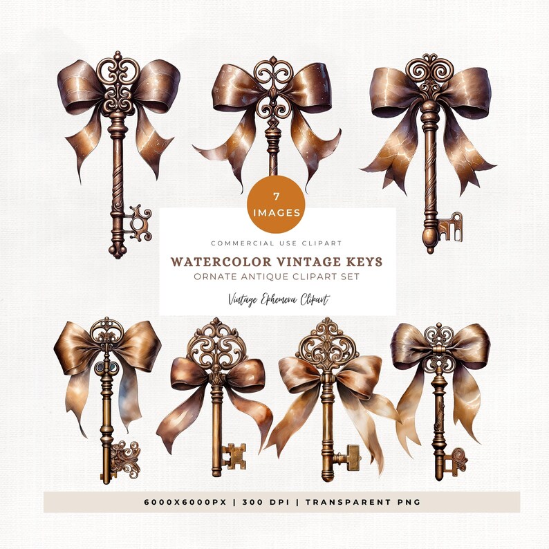 Watercolor Vintage Keys Clipart, Ornate Antique Key PNG With Bow, Junk ...