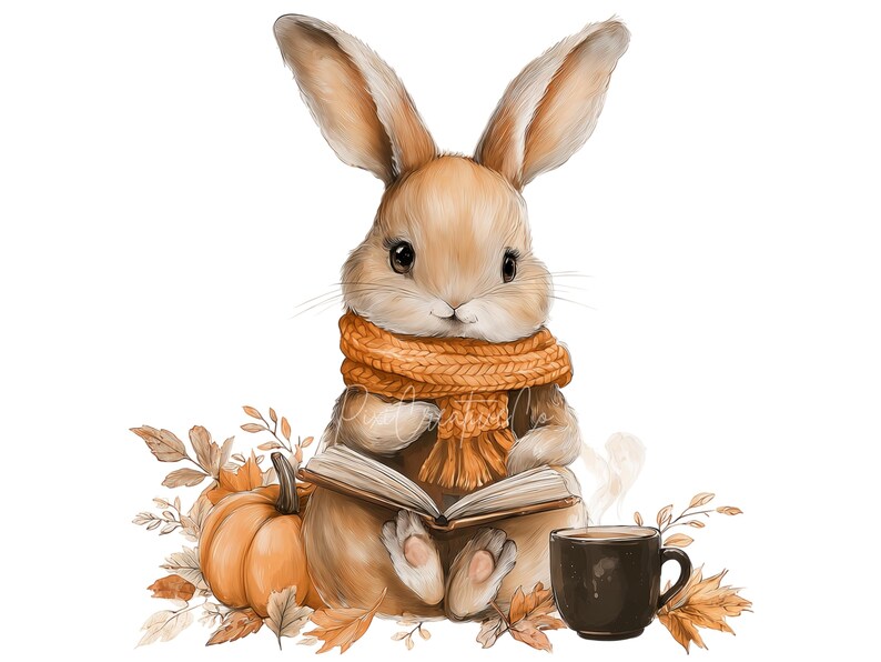 Watercolor Autumn Bunny Clipart: Reading Book – Watercolor PNG (digital ...