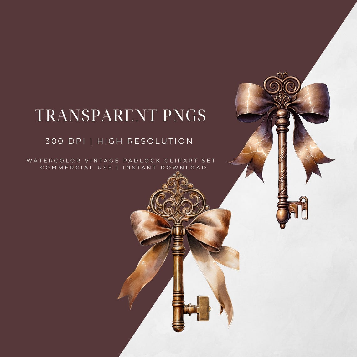 Watercolor Vintage Keys Clipart, Ornate Antique Key PNG With Bow, Junk ...