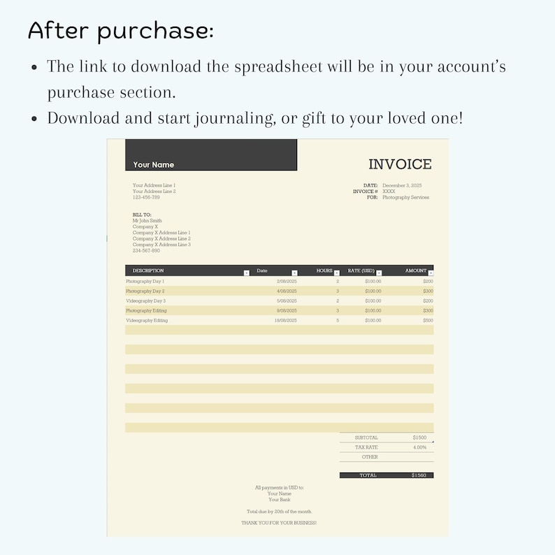 Business Service Invoice Template | Hourly Rate, Description, Total ...