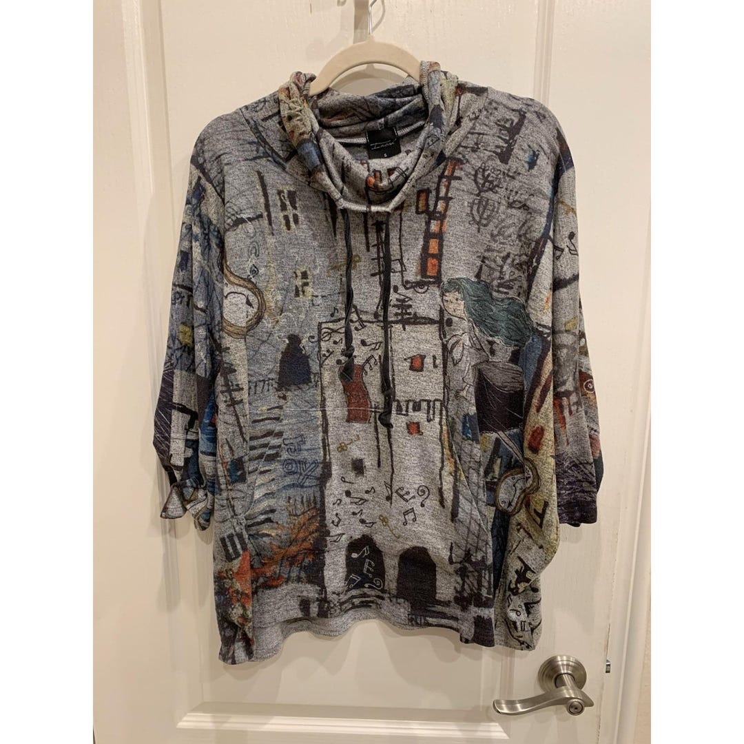 Inoah "music Tower Print", Soft Knit, Cowl Neck Draw String Shirt Sz S ...