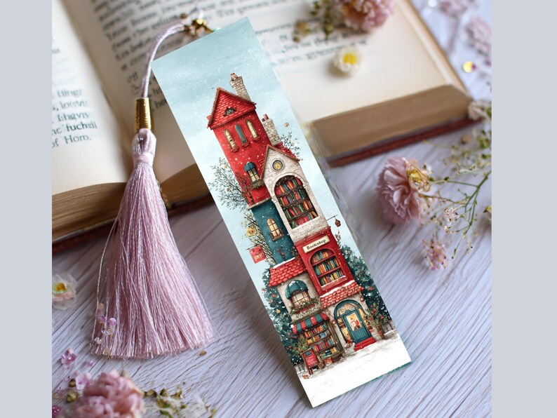 Christmas Bookshop Bookmarks, Watercolor Town, Holiday Craft Digital ...