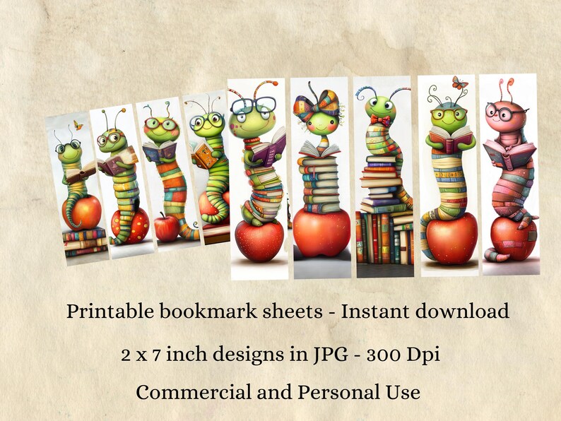 Whimsical Bookworms Printable Bookmarks Digital Downloads 10 JPG Files ...