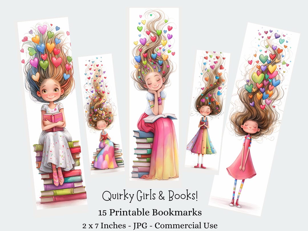 Whimsical Girls Bookmarks, Colorful Kids 15 JPG Bookmarks Digital ...