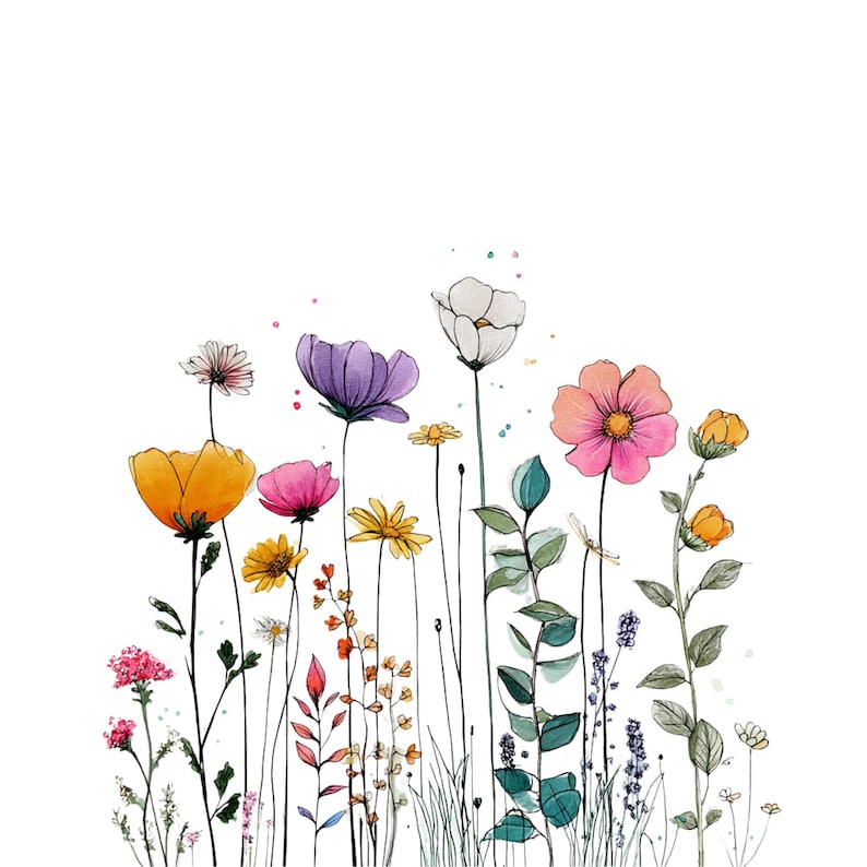 Sketched Coloured Wildflowers Clipart, Doodle Hand Drawn Botanical ...