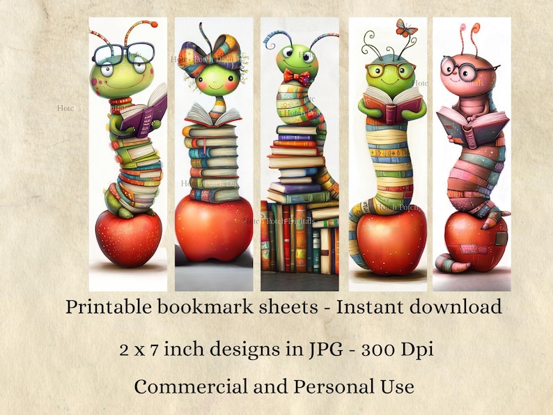 Whimsical Bookworms Printable Bookmarks 10 JPG Bookmarks - Kids Craft ...