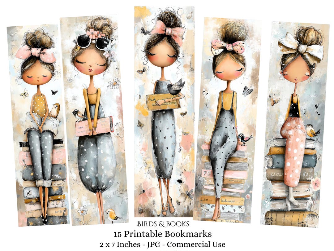 Girls & Books Printable Bookmarks, Whimsical Art (digital Download, 15 ...