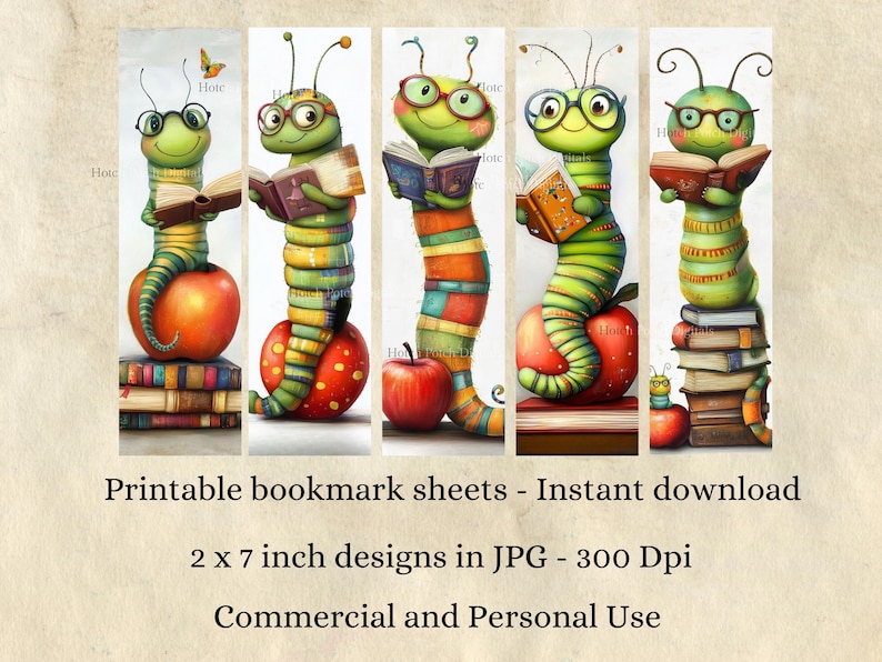 Whimsical Bookworms Printable Bookmarks 10 JPG Bookmarks - Kids Craft ...