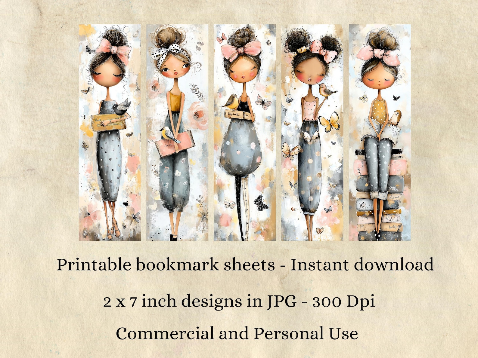 Girls & Books Printable Bookmarks, Whimsical Art (digital Download, 15 ...