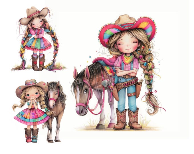 Little Girl With Horse Clip Art Bundle 10 High Res Watercolor Jpgs Junk ...
