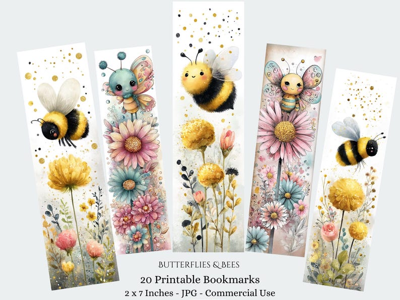 Butterfly & Bee Printable Bookmarks, Kids Craft - 20 JPG Bookmarks ...