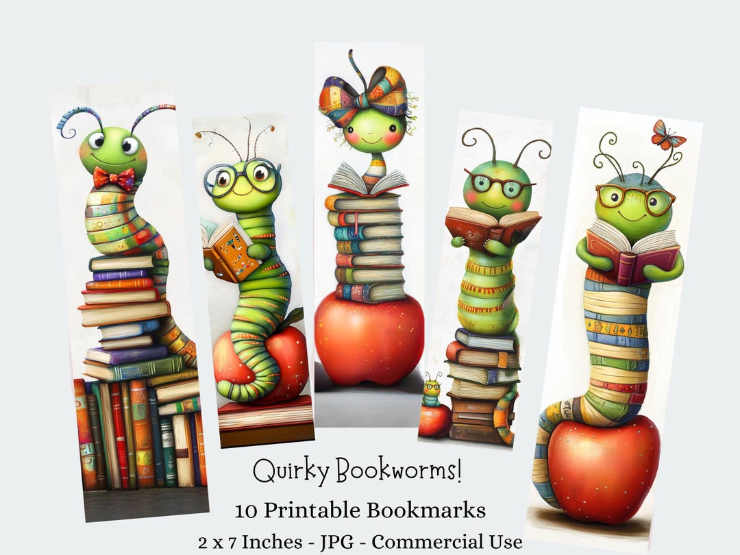 Whimsical Bookworms Printable Bookmarks Digital Downloads 10 JPG Files ...