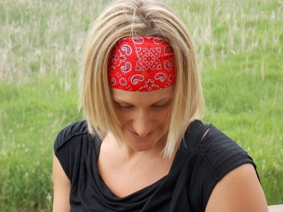Red Bandana Print Headband Motorcycle Headband Workout Headband Spandex ...