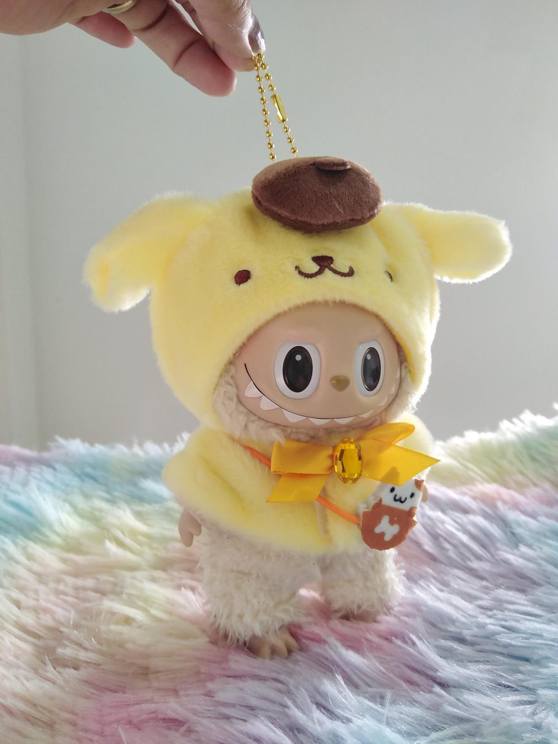 Labubu Outfit Set - Fluffy Yellow Hooded Cape With Keychain Loop ...