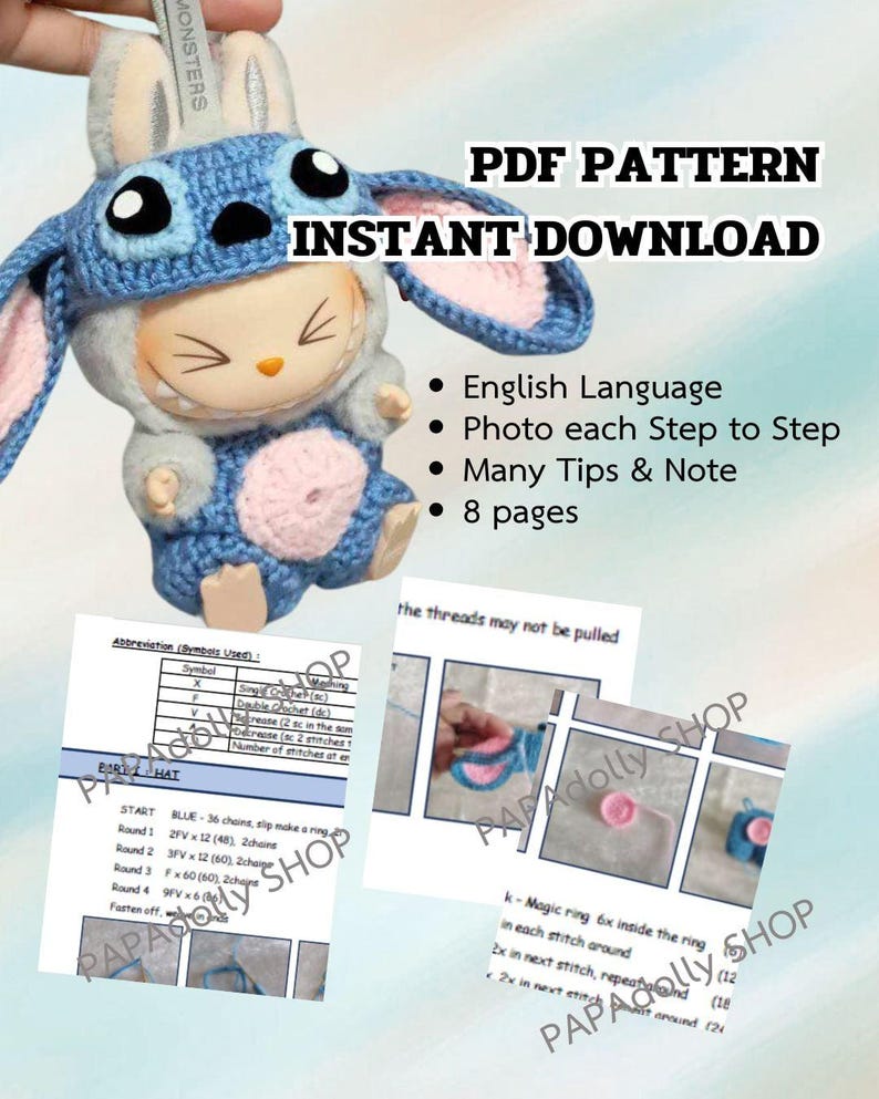 Crochet Pattern PDF - Labubu in Stitch Costume | Amigurumi Doll Pattern ...