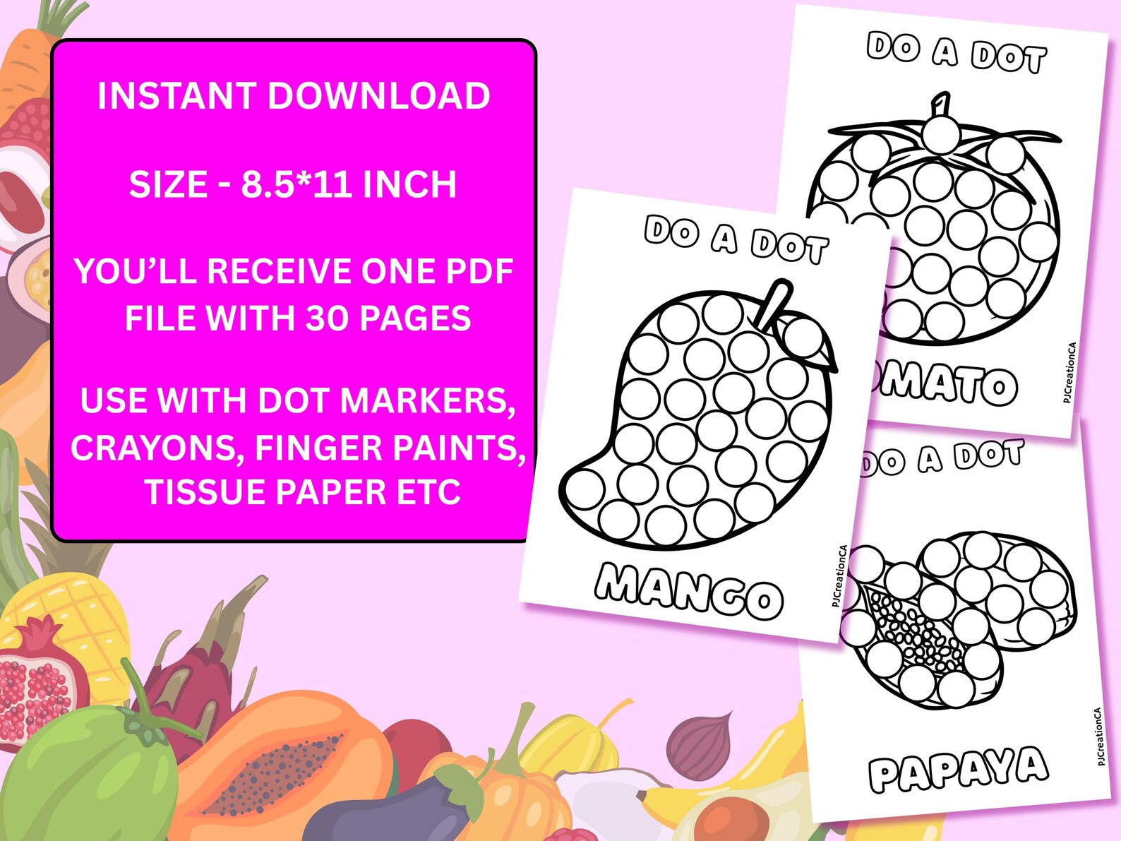 Printable Toddler Fruit & Vegetable Dot Marker Activity Pages – 30 PDF ...