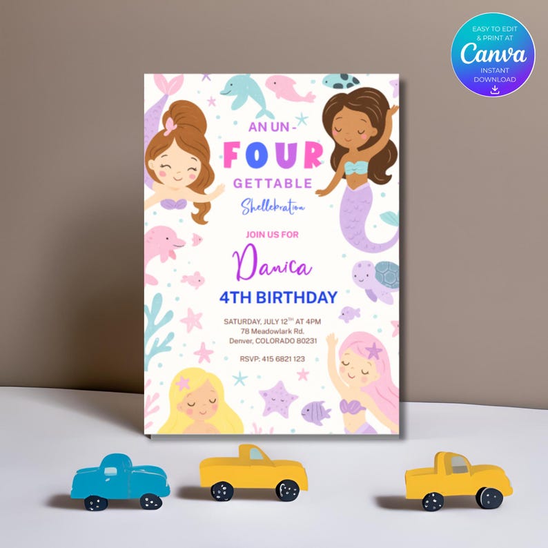 Mermaid 4th Birthday Invitation | Editable Canva Template for Girl ...