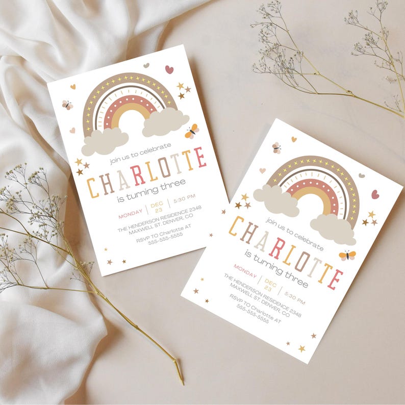 Rainbow Birthday Invitation Template: Editable Boho Bday Invite ...