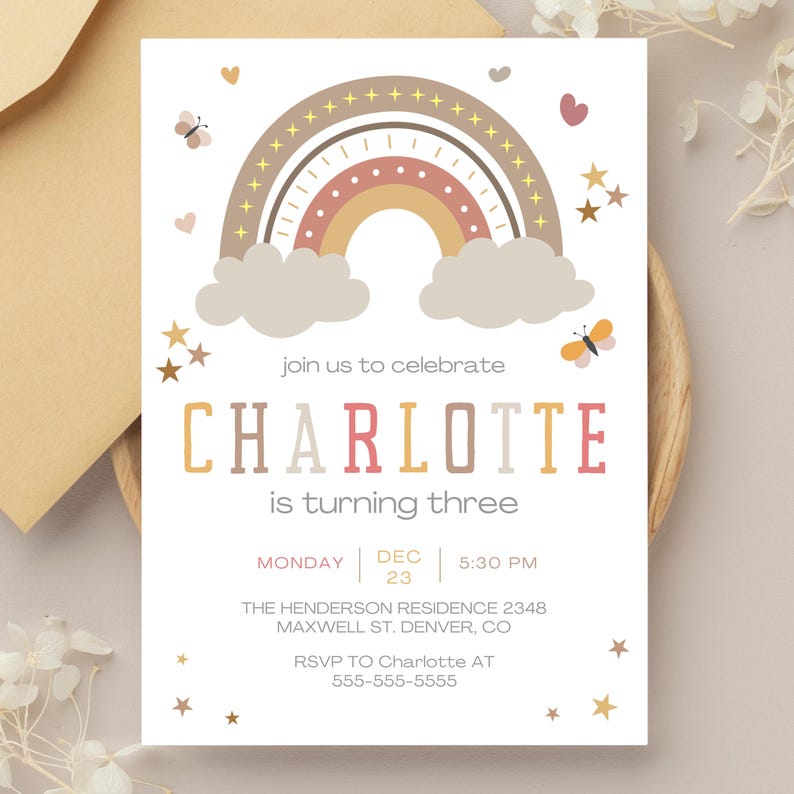 Rainbow Birthday Invitation Template: Editable Boho Bday Invite ...