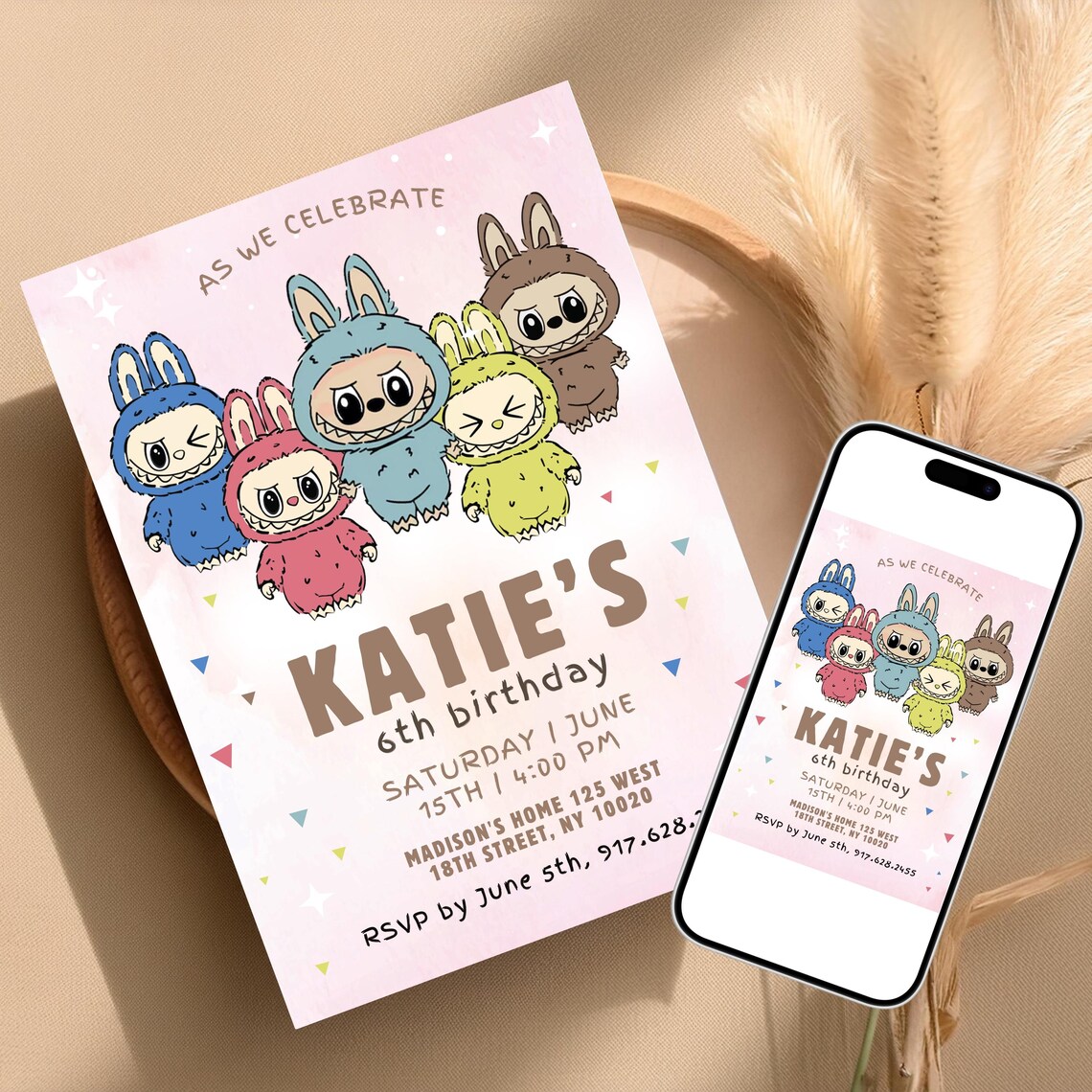 Editable Labubu Birthday Invitation Template - Printable Kids Party ...
