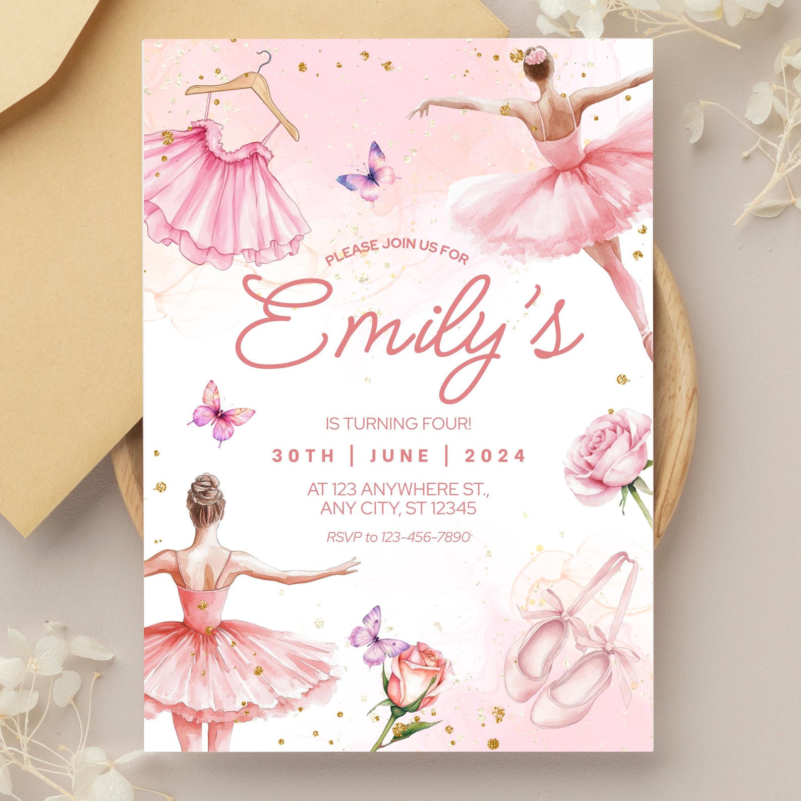 Editable Ballerina Birthday Invitation: Pink Ballet Party Theme (canva ...
