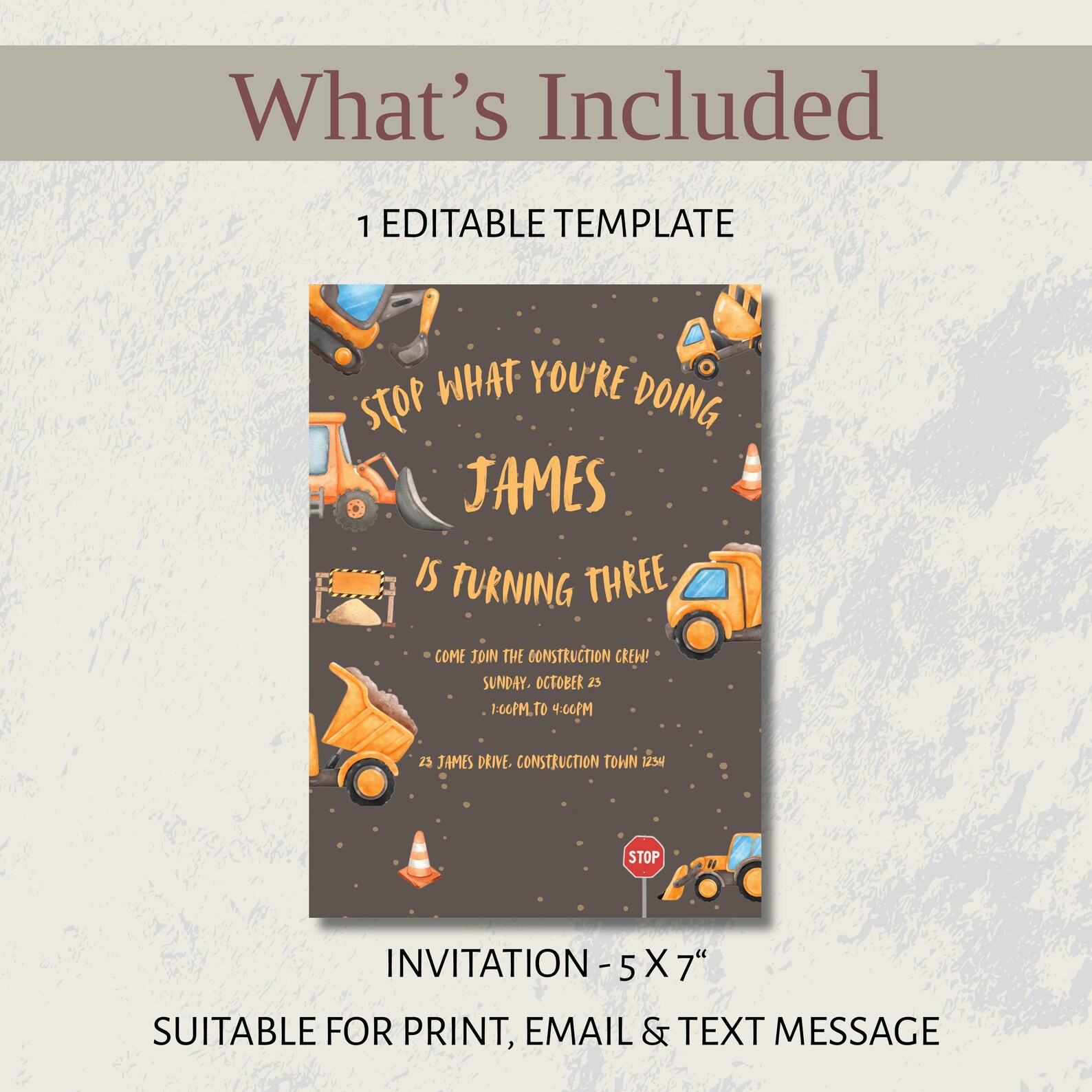Construction Birthday Invitation Template: Editable Party Invite ...