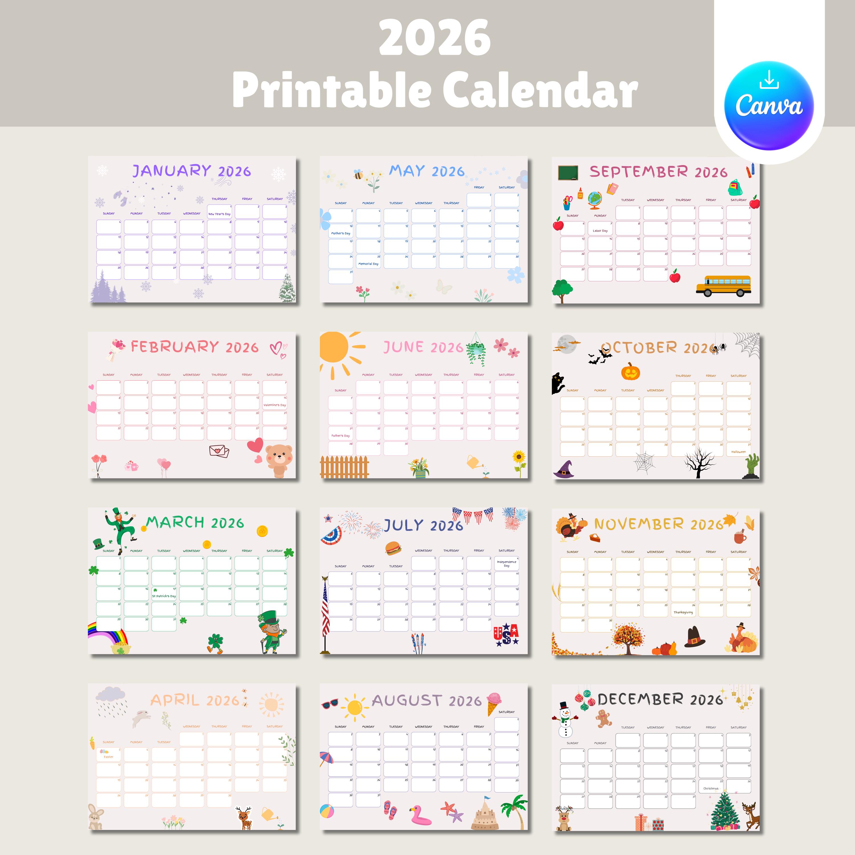 2026 Calendar Printable, Cute Kids Calendar 2026, Wall Calendar PDF ...