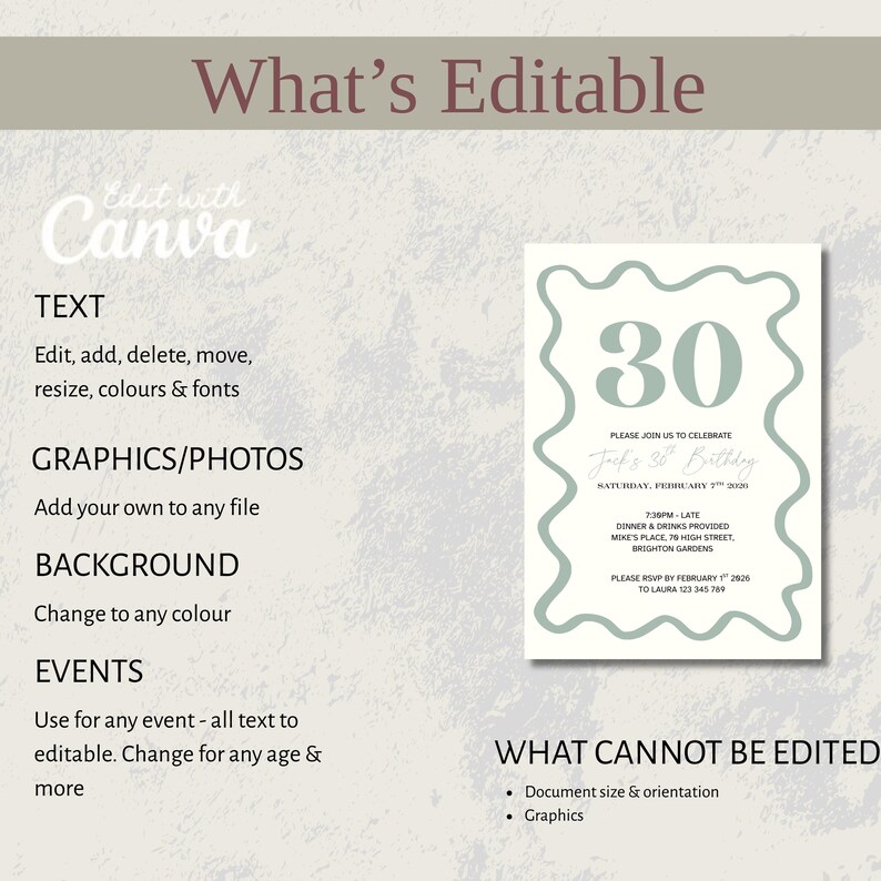 Printable Digital 30th Birthday Card - Green Wavy Border Invitation for ...